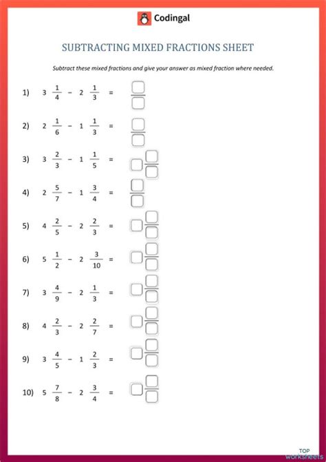 Mg04m08l27wa02subtracting Mixed Fractions02 Interactive Worksheet Topworksheets