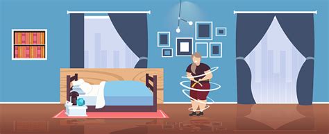 뚱뚱한 뚱뚱한 여자는 줄자를 사용하여 그녀의 허리 라인 슬픈 과체중 소녀를 측정 체중 감량 비만 개념 현대 침실 내부 전체 길이 수평 가공의 인물에 대한 스톡 벡터 아트 및