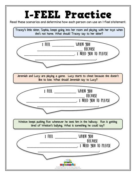 I Feel Statements Worksheet Sunrise Elementary School