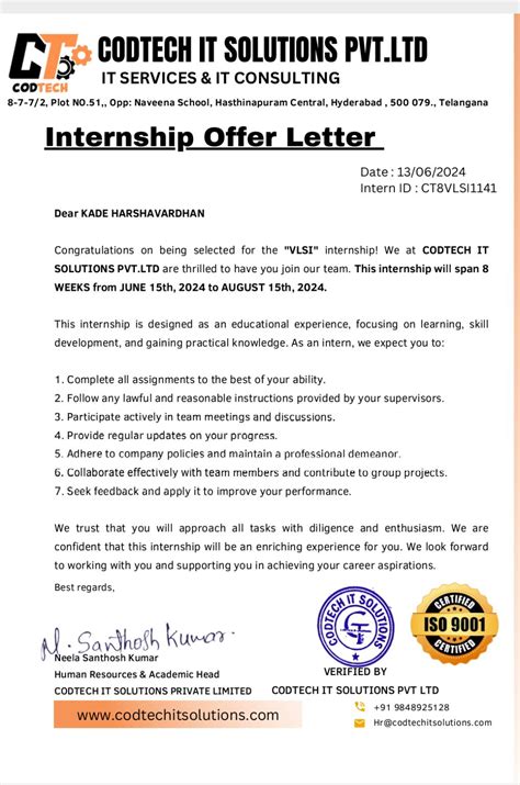 Harsha Vardhan Kade On Linkedin I Am Exciting That I Have Received An Offer Letter From Codtech It