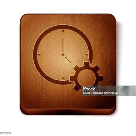 흰색 배경에 격리된 갈색 시간 관리 아이콘입니다 시계 및 기어 기호 생산성 기호입니다 나무 사각형 버튼입니다 벡터 일러스트레이션 0명에 대한 스톡 벡터 아트 및 기타 이미지