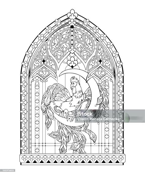 고딕 양식의 스테인드 글라스 창문에 있는 판타지 동화 속 수탉의 삽화 색칠하기 책을 위한 흑백 그림 중세 건축 어린이와 성인을