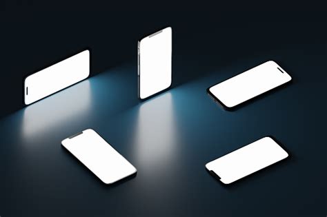 어두운 3d 렌더링의 흰색 화면이 있는 일반 스마트폰 모형 무리 현대 휴대 전화의 디지털 그림 통신 데이터 무선 기술의 개념 5가지 개체에 대한 스톡 사진 및 기타 이미지