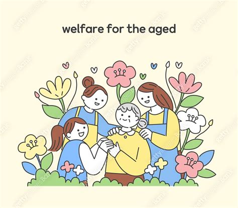 사회복지 기부 움직이는활동 도움의손길 격언 희망 컨셉 노인여자 성인여자 요양원 양로원 자원봉사자 역할 이미지 Jv13681582 일러스트