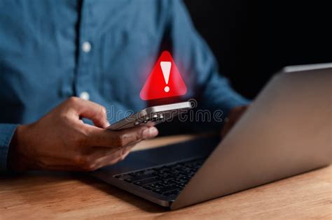System Warning Caution Sign On Smartphone Scam Virus Attack On Firewall For Notification Error