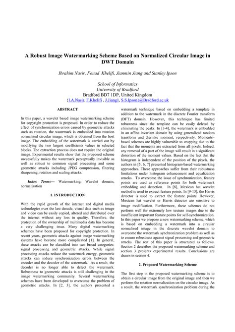 Pdf A Robust Image Watermarking Scheme Based On Normalized Circular Image In Dwt Domain