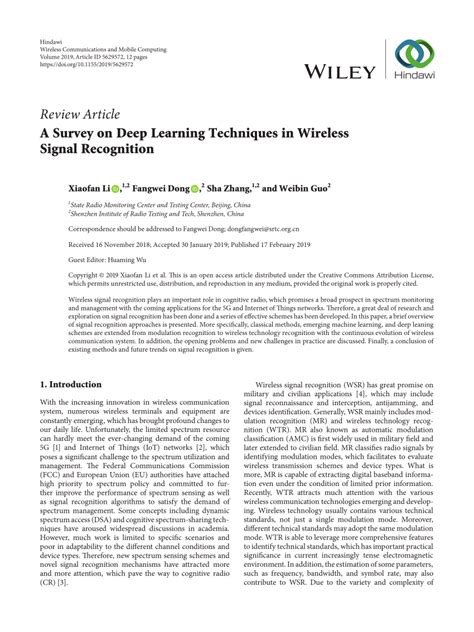PDF A Survey On Deep Learning Techniques In Wireless Signal Recognition