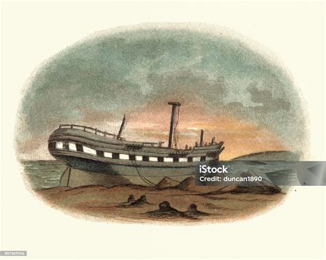 Традиционный Корабль Халка Заземленный На Берегу 19 Век — стоковая векторная графика и другие