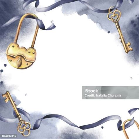 열쇠 리본 얼룩 및 튀김이 있는 황금 자물쇠 손으로 그린 수채화 그림입니다 프레임 흰색 배경에 텍스트를 위한 사각형 템플릿입니다 사랑에 대한 스톡 벡터 아트 및 기타 이미지