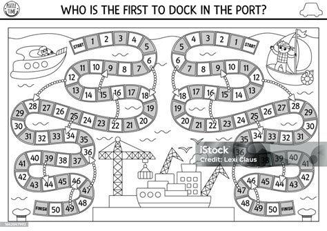 도시 교통 흑백 경쟁 주사위 보드 게임 보트 항구 스피드 보트 요트가 있는 아이들을 위한 수상 운송 보드 게임 인쇄 가능한 선