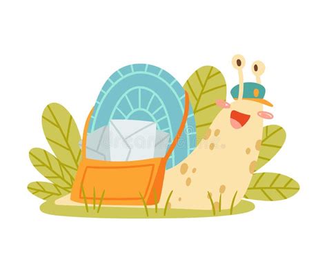 Cute Snail Character With Coiled Shell Carrying Envelope On Its Back Vector Set Stock Vector