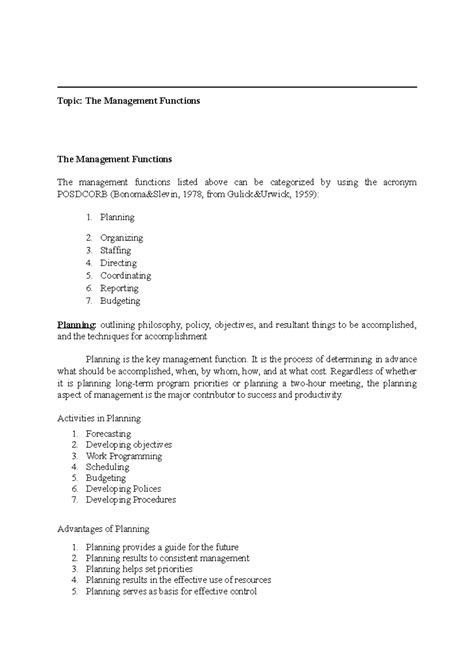 Function Management Factsheet Topic The Management Functions The