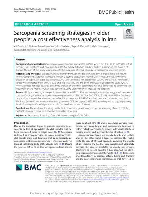 Pdf Sarcopenia Screening Strategies In Older People A Cost Effectiveness Analysis In Iran