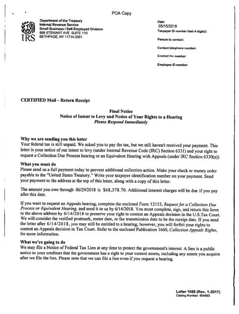 Irs Letter 1058 Or Lt11 Final Notice Of Intent To Levy Handr Block