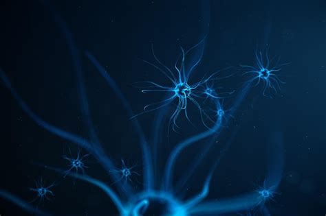 연결 매듭이 있는 신경 세포의 개념적 그림입니다 전기 화학 신호를 보내는 시냅스와 신경 세포 전기 펄스가 있는 상호 연결된 뉴런의 뉴런 3d 일러스트레이션 프리미엄 사진