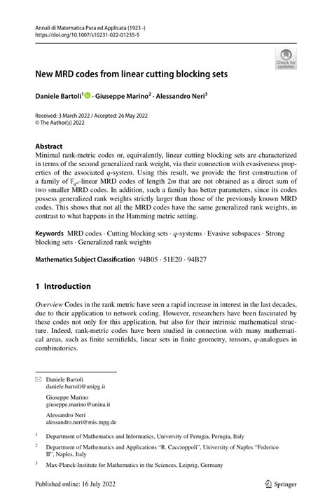 Pdf New Mrd Codes From Linear Cutting Blocking Sets