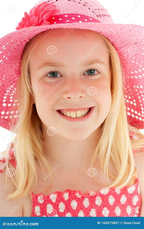 Close Up Of Beautiful Young Blonde Girl With A Big Smile Wearing A Big