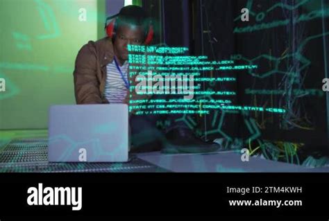 Animation Of Molecule Structures Computer Language African American Man With Laptop In Server