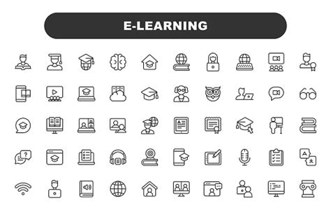 E러닝 라인 아이콘 편집 가능한 획 책 오디오 북 웨비나 온라인 교육 화상 통화 독서 교사 학교 강의 교수 공부와 같은 아이콘이