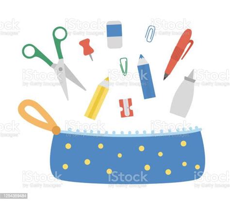 문구가 있는 벡터 연필 케이스 학교 교육 클립 아트로 돌아갑니다 귀여운 플랫 스타일 용품 및 쓰기 재료 컬러 연필 접착제 펜