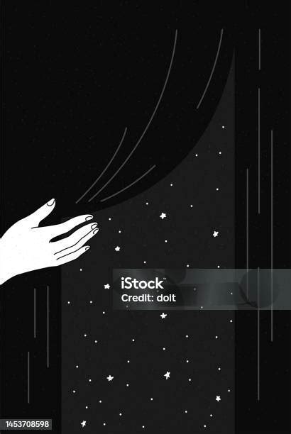 밤에 커튼을 여는 손 창 밖의 별이 빛나는 하늘 꿈 포스터 카드 배너 웹 사이트 디자인 또는 방문 웹 페이지 간단한 선 그리기 현대 평면 벡터 그림입니다 손으로 그린 스타일