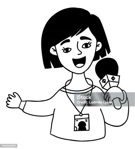 마이크를 들고 이끄는 귀여운 소녀 기자 선형 낙서 스타일의 벡터 그림입니다 개념적 여성 캐릭터 현대 직업 및 저널리즘 작업 및
