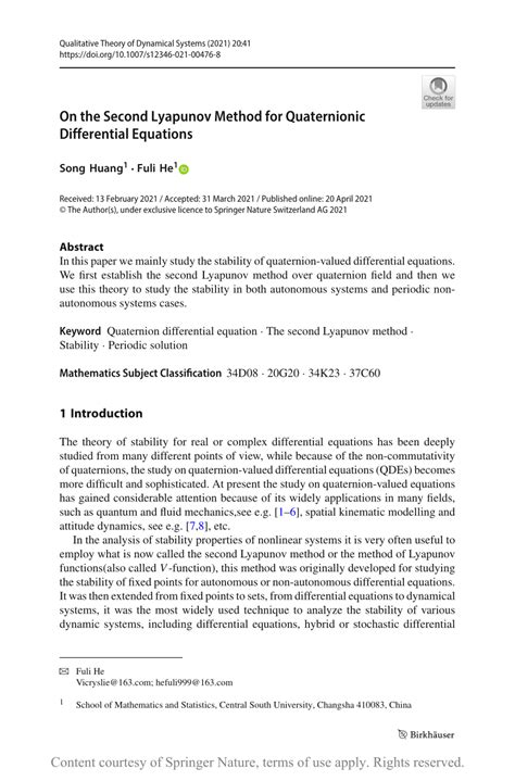 On The Second Lyapunov Method For Quaternionic Differential Equations Request Pdf