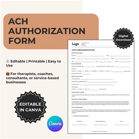 Ach Authorization Form Template Editable Canva Pdf Debit