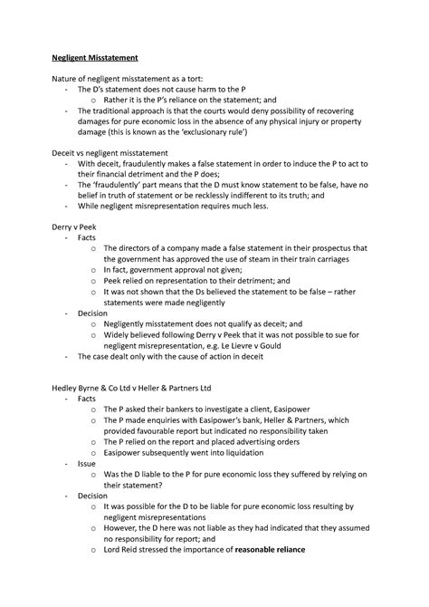 Torts B Week 4 Notes Negligent Misstatement Nature Of Negligent