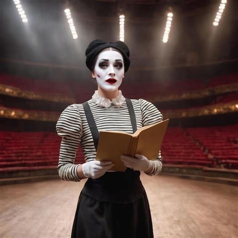 Premium Photo Portrait Of Female Mime Holding Script Standing On Stage