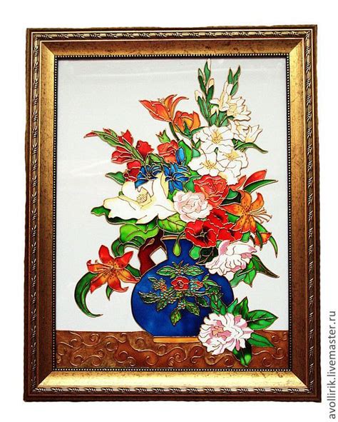 Цветы в вазе картина на стекле роспись по стеклу витражная роспись