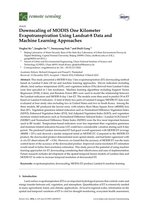 Pdf Downscaling Of Modis One Kilometer Evapotranspiration Using Landsat 8 Data And Machine