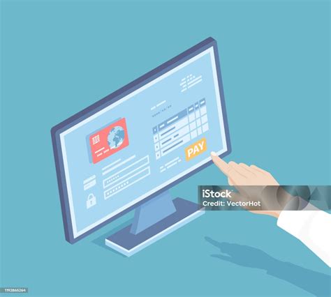 온라인 결제 서비스 송장 양식 신용 카드 남자 손가락 모니터 화면 인터넷 뱅킹 개념에 지불 버튼을 누릅니다 온라인 지불 부기 회계 아이소메트릭 3d 벡터 지불에 대한 스톡