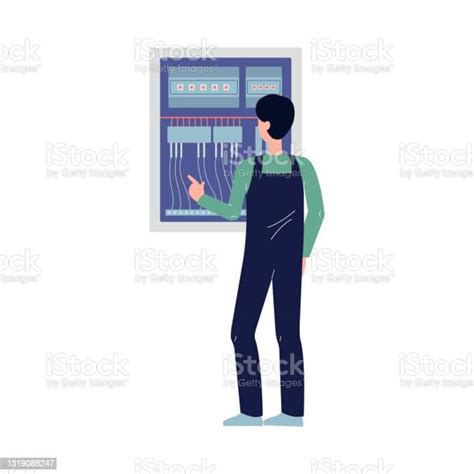 배전반 앞의 전기 작업자 평평한 벡터 일러스트레이션이 분리되어 있습니다 기술자에 대한 스톡 벡터 아트 및 기타 이미지 기술자 남성 남성상 Istock