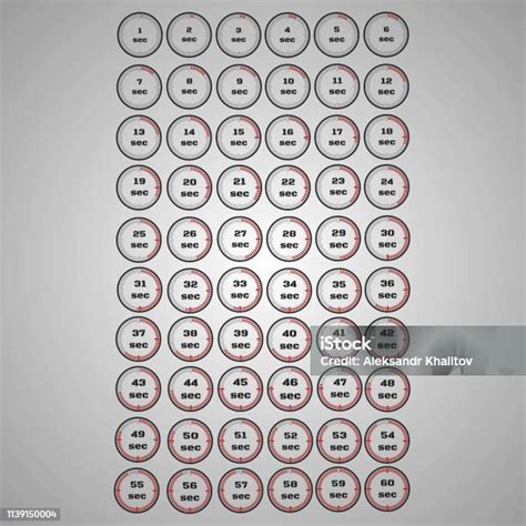 벡터 일러스트 레이 션은 1 초에서 60 초로 한 초 간격 10 행 및 6 개의 열을 회색 배경으로 증가 시킵니다 스톱 워치 세트 4 0명에 대한 스톡 벡터 아트 및 기타