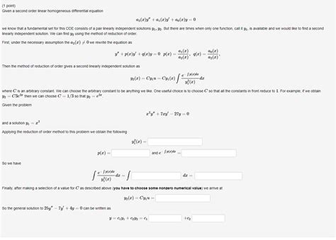 Solved 1 Point Given A Second Order Linear Homogeneous