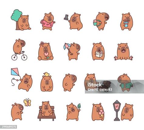 Capybara Set With Cute Kawaii Cartoon Characters Showing Various Activities Emotions And