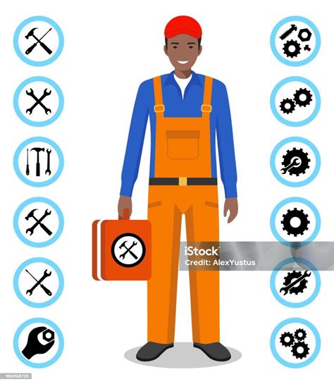 수리 서비스 개념입니다 평면 스타일 마스터 예의 상세한 그림입니다 간단한 아이콘 세트 렌치 드라이버 망치 및 장비 서비스 아이콘 또는 버튼 흰색 배경에 고립입니다 벡터입니다