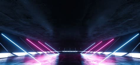 기울어진 된 라인 건설 단계 가상 현실 네온 빛나는 보라색 블루 공상 과학 Fi 미래의 현대 복고풍 외계인 우주선 복도 터널 형광 레이저 Led 조명 콘크리트 바닥 반사