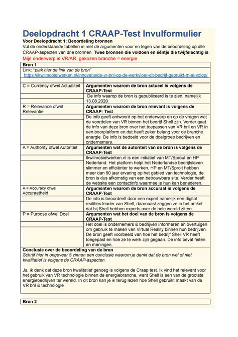 Craap Test Invulformulier Deelopdracht 1 Craap Test Invulformulier