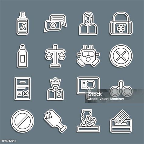 세트 라인 투표 상자 수갑 X 마크 원에 십자가 검열 언론의 자유 저울 정의 페인트 스프레이 캔 후추 및 방독면 아이콘 벡터 Brand Name Online