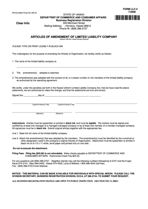 Fillable Form Llc 3 Articles Of Amendment Of Limited Liability