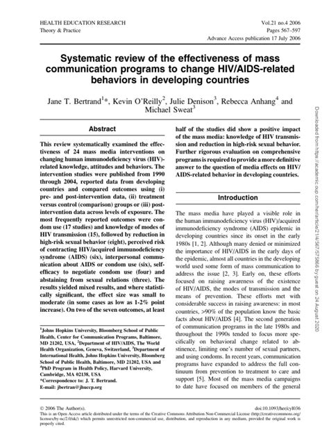 Systematic Review Of The Effectiveness Of Mass Communication Programs To 567 597 Pdf Hiv