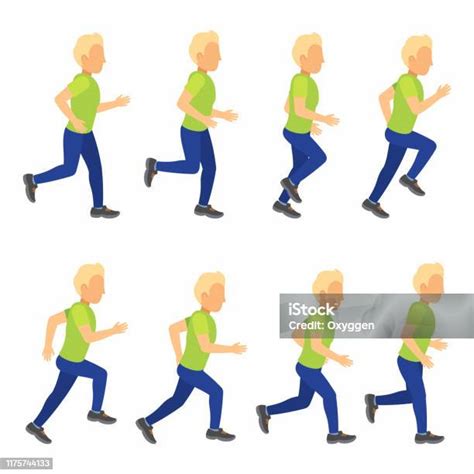 실행 중인 남자 아이콘 세트입니다 플랫 만화 스타일의 마라톤 러너 프레임 시퀀스 스포츠 활동 개념 벡터 그림입니다 스포츠