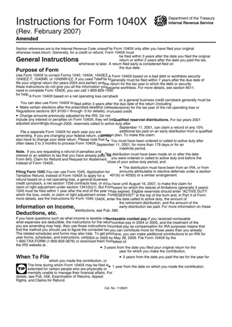 Instructions For Form 1040x Amended Us Individual Income Tax Return