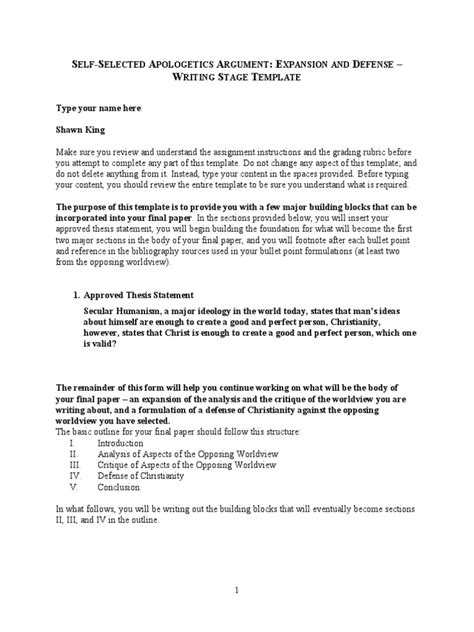Self Selected Apologetics Argument Expansion And Defense Writing Stage Template Pdf