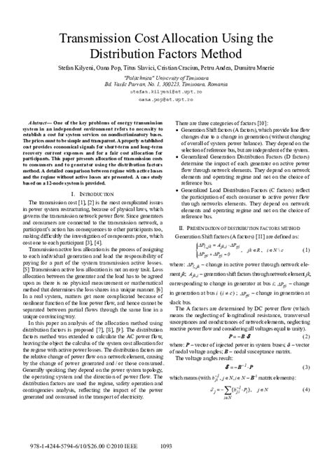 Pdf Transmission Cost Allocation Using The Distribution Factors Method