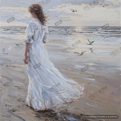 Ai创作图清晨漫步海边的少女 海边走过的女孩 手绘海边散步的女孩 海边散步的女孩 Tif唯美油画 海边少女插画 油画质地手绘人物 海边画 看海的姑娘 海边人物手绘 海边日落油画 欧美手绘海景