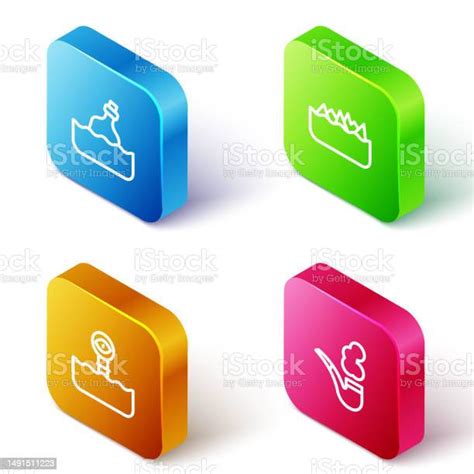 물 속의 메시지 날카로운 돌 암초 잠망경 및 흡연 파이프 아이콘으로 아이소메트릭 라인 병을 설정합니다 벡터 3차원 형태에 대한 스톡 벡터 아트 및 기타 이미지 Istock