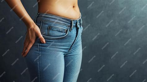 Overweight Woman In Tight Jeans On Grey Background Closeup Premium Ai